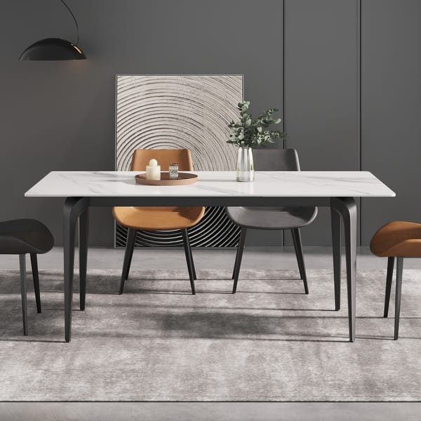 71" Modern Simply Marble Dining Table, Rectangular Sintered Stone Top and Carbon Steel legs ...